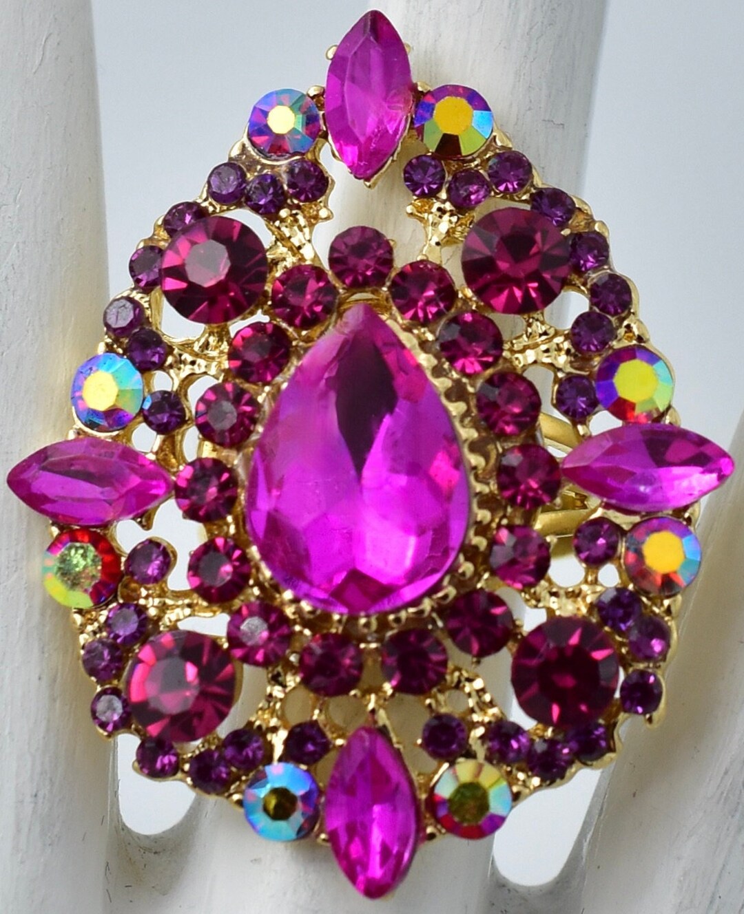Fuchsia Rhinestone Cocktail Ring Gold Ring Iridescent Ring Teardrop ...