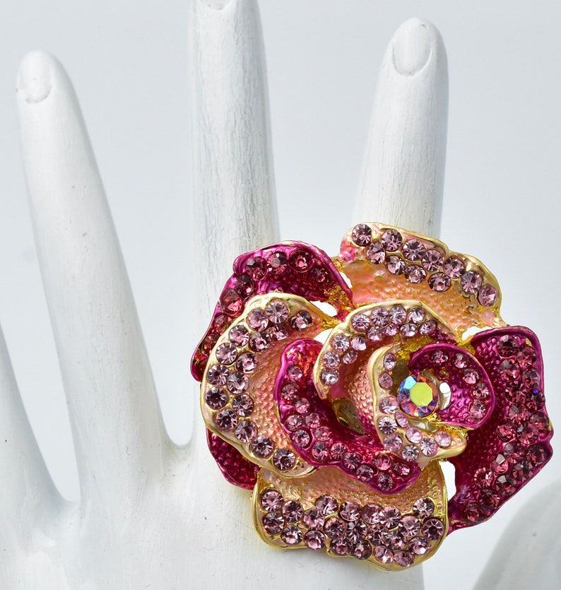 Pink Rhinestone Rose Ring Big Two Tone Ring Gold Ring Summer - Etsy