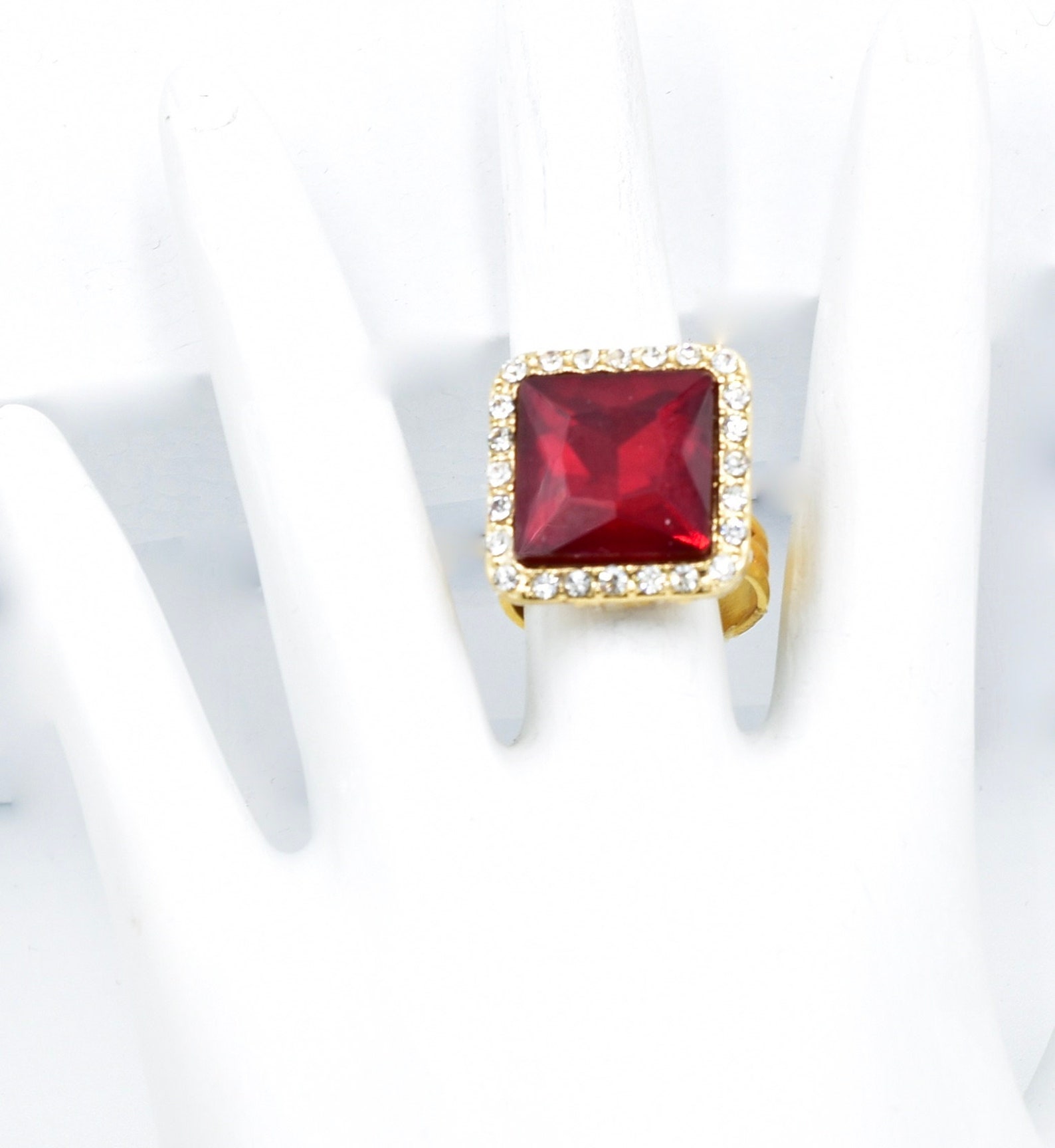 Ruby Red Square Cocktail Ring Clear Rhinestones Gold Ring - Etsy