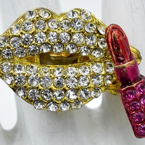Gold Lips & Lipstick Ring Rhinestone Ring Gift for Her Adjustable Ring ...