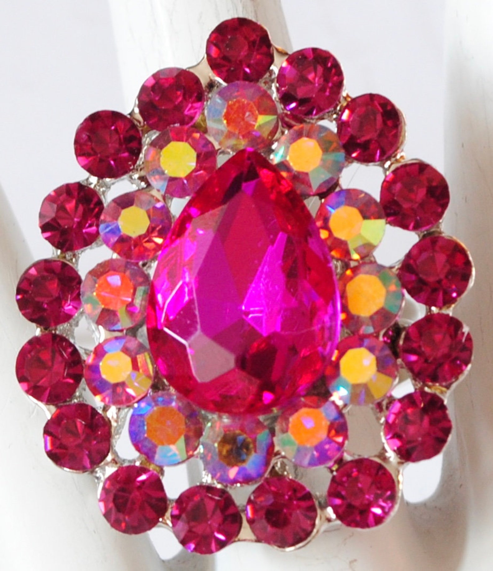 Fuchsia Cocktail Ring AB Rhinestones Silver Teardrop Ring Gift - Etsy
