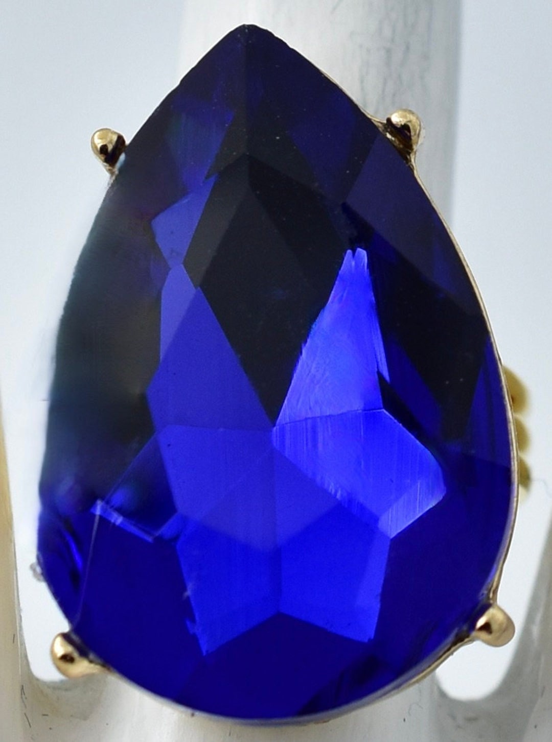 Royal Blue Rhinestone Teardrop Cocktail Ring, Adjustable Gold Band - Etsy