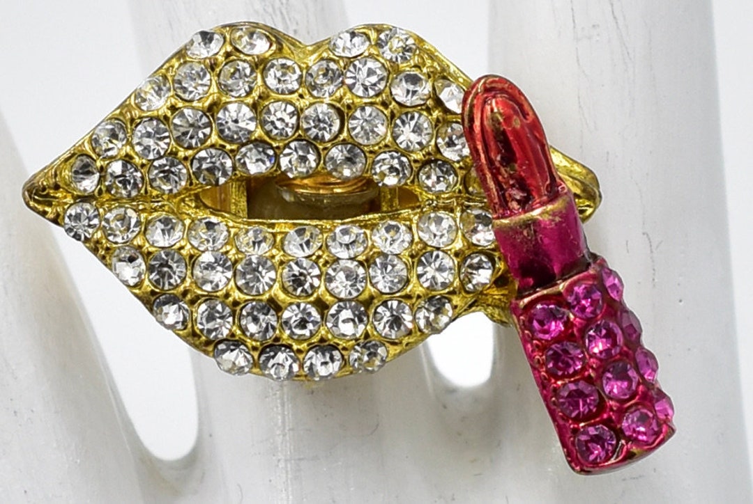 Gold Lips & Lipstick Ring Rhinestone Ring Gift for Her Adjustable Ring ...