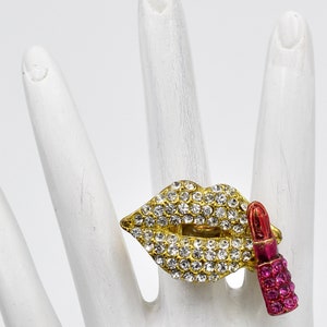 Gold Lips & Lipstick Ring Rhinestone Ring Gift for Her Adjustable Ring ...