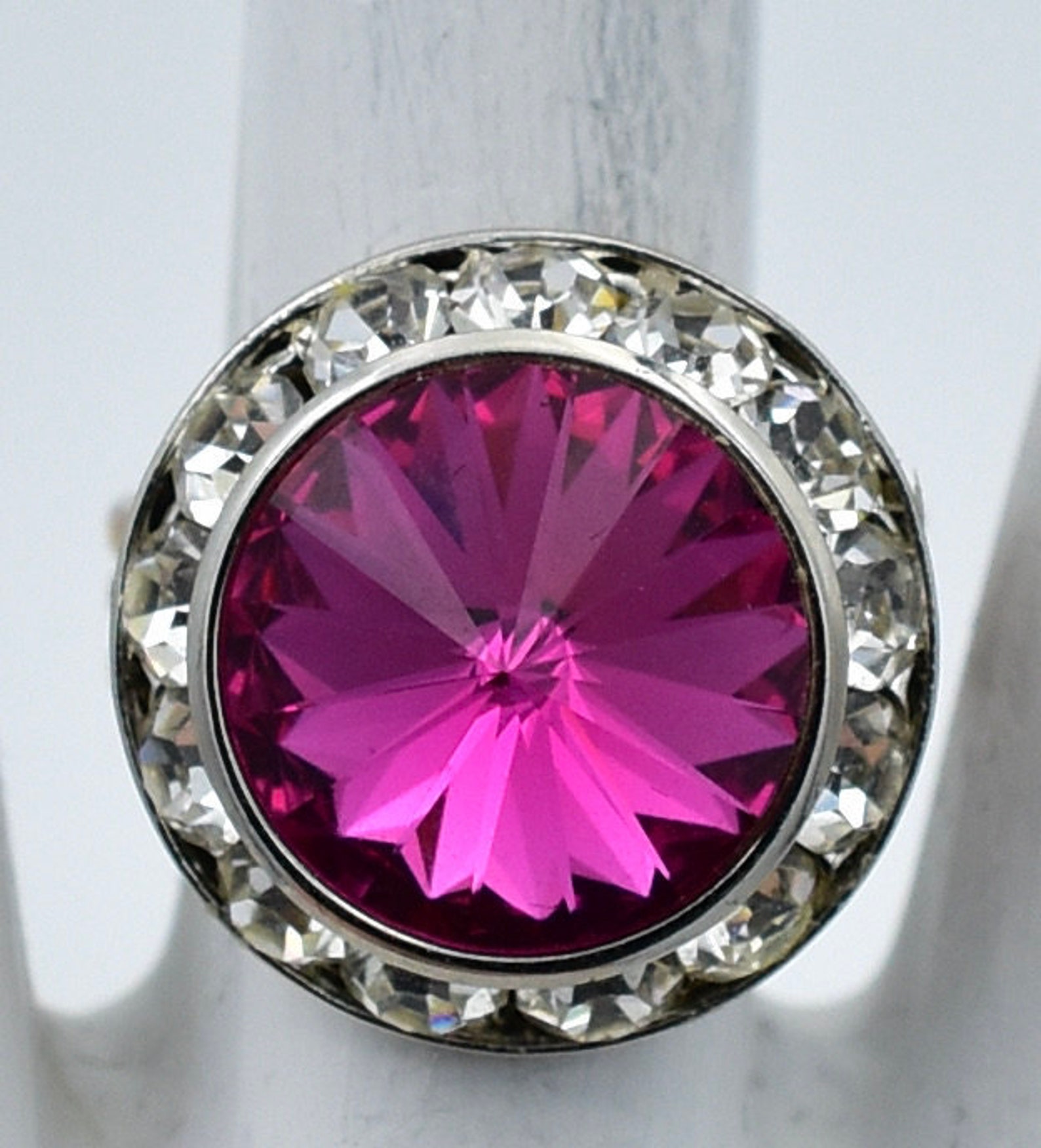 Pink Cocktail Ring With Clear Rhinestones Petite Silver Ring - Etsy