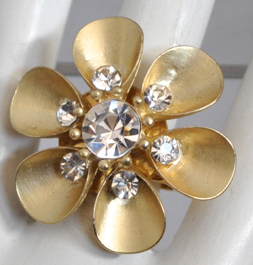 Gold Flower Ring Rhinestone Ring Cocktail Ring Gift for Her Adjustable ...