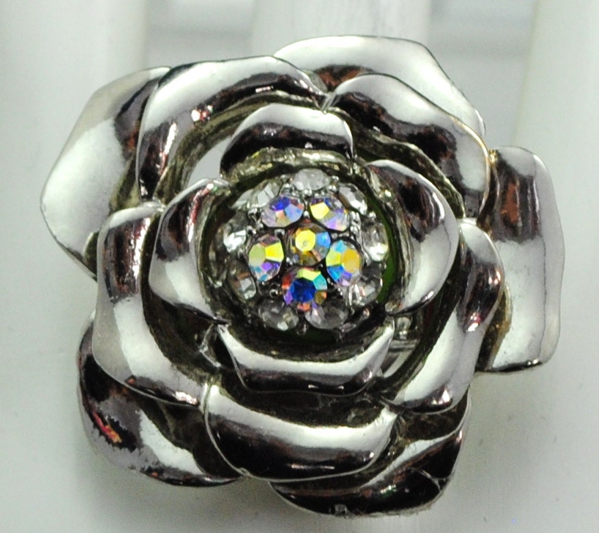 Silver Flower Ring AB Rhinestones Gift for Her Cocktail Ring - Etsy