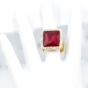 Ruby Red Square Cocktail Ring Clear Rhinestones Gold Ring Holiday ...