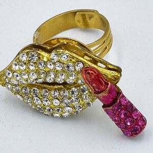Gold Lips & Lipstick Ring Rhinestone Ring Gift for Her Adjustable Ring ...