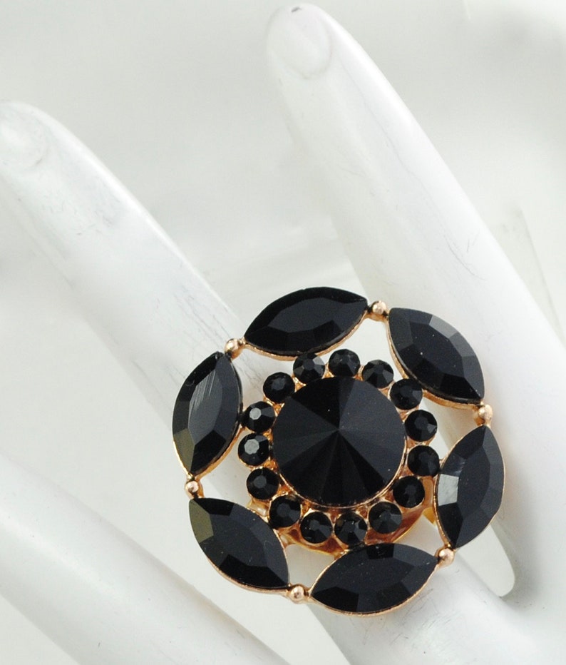 Black Cocktail Ring Rhinestones Gold Ring Gift for Women - Etsy