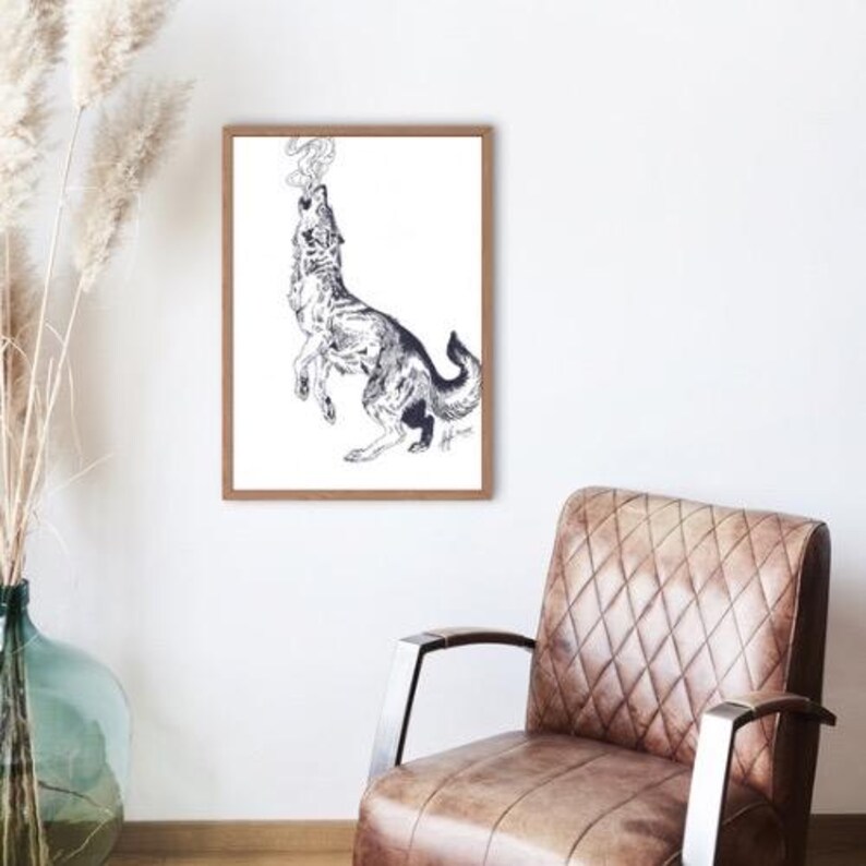 Howling Wolf Ink Drawing – Hand-drawn Art Print, Animal Illustration ...