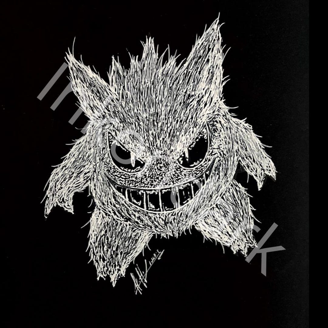 Gengar Printable Wall Art | Hand-drawn Pokémon Fan Art | White Gel Pen ...