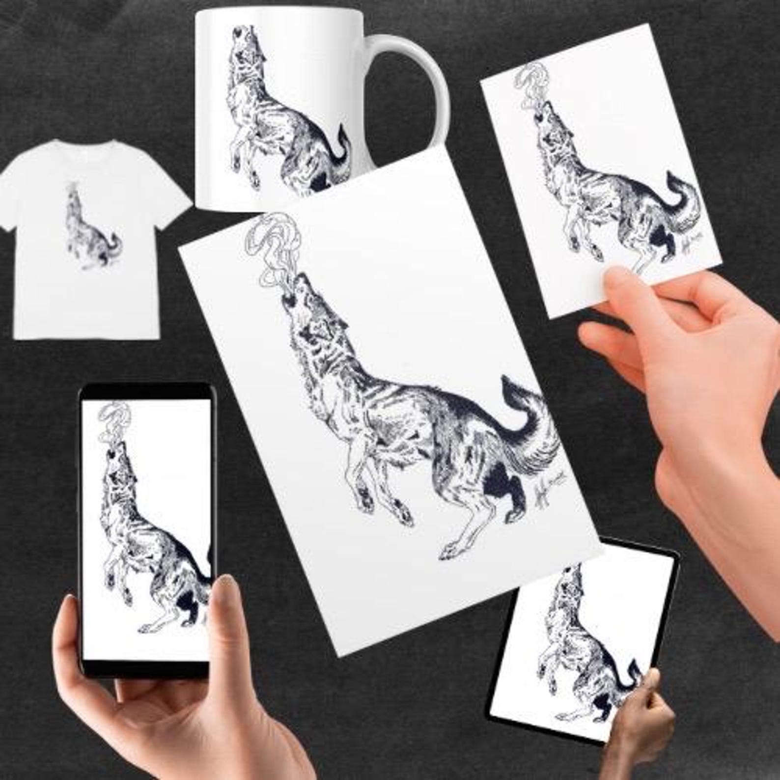 Howling Wolf Ink Drawing – Hand-drawn Art Print, Animal Illustration ...