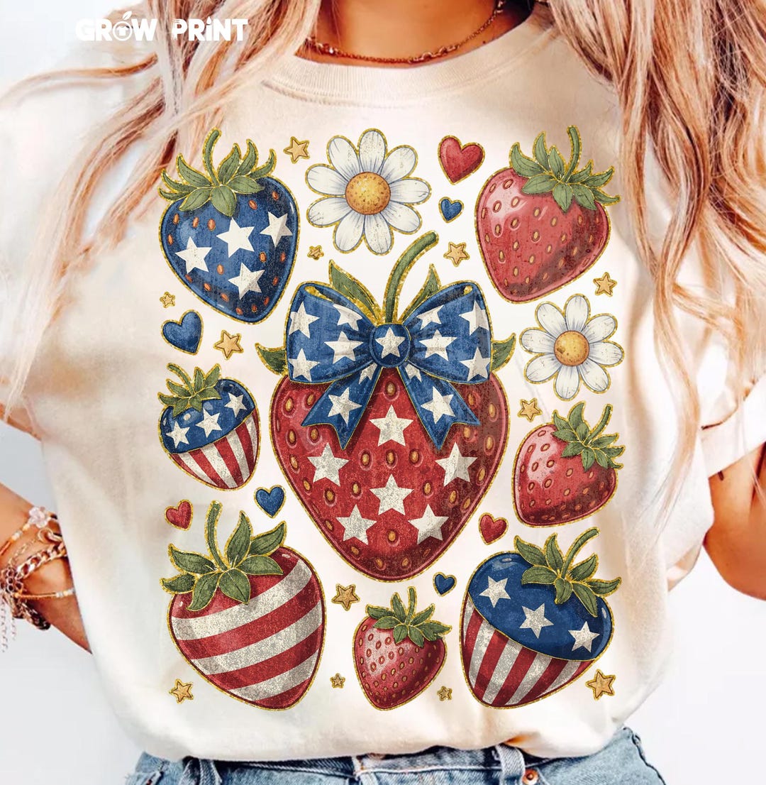Boho 4th of July Strawberry PNG, Patriotic Bow Sublimation Design Cute ...