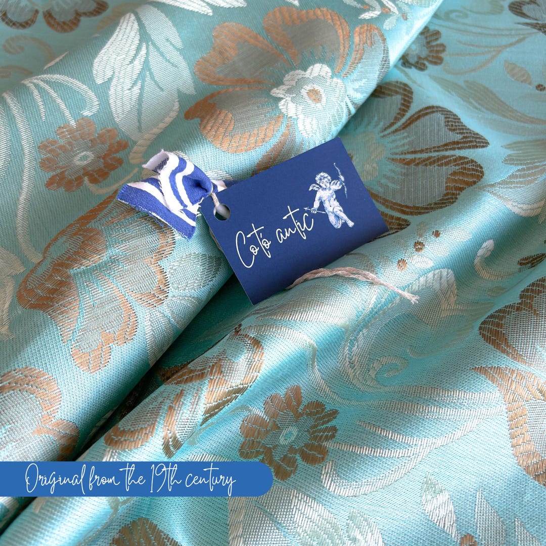 Antique Rayon Brocade Fabric Turquoise Gold Floral Upholstery Material ...