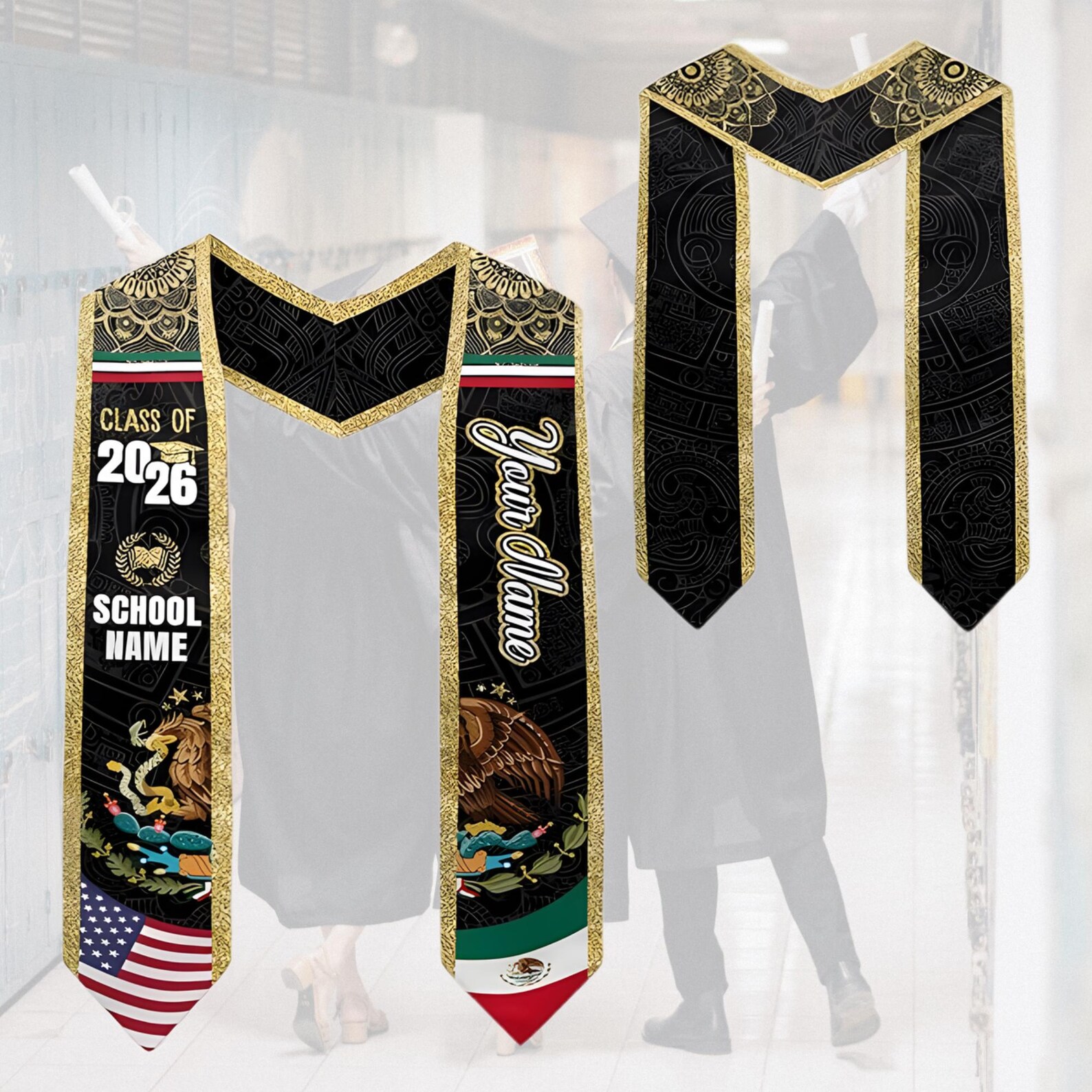 Custom Mexico Graduation Stole 2026, Mexican American Flag Graduation ...