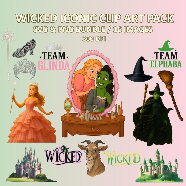 Wicked Clipart Bundle | Glinda & Elphaba SVG PNG | 16 Magical Files for ...