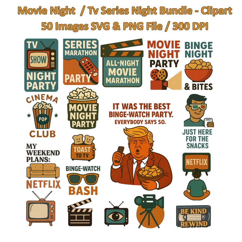 Movie Party SVG, Binge Watching Icons, PNG Bundle and Movie Clip Art ...
