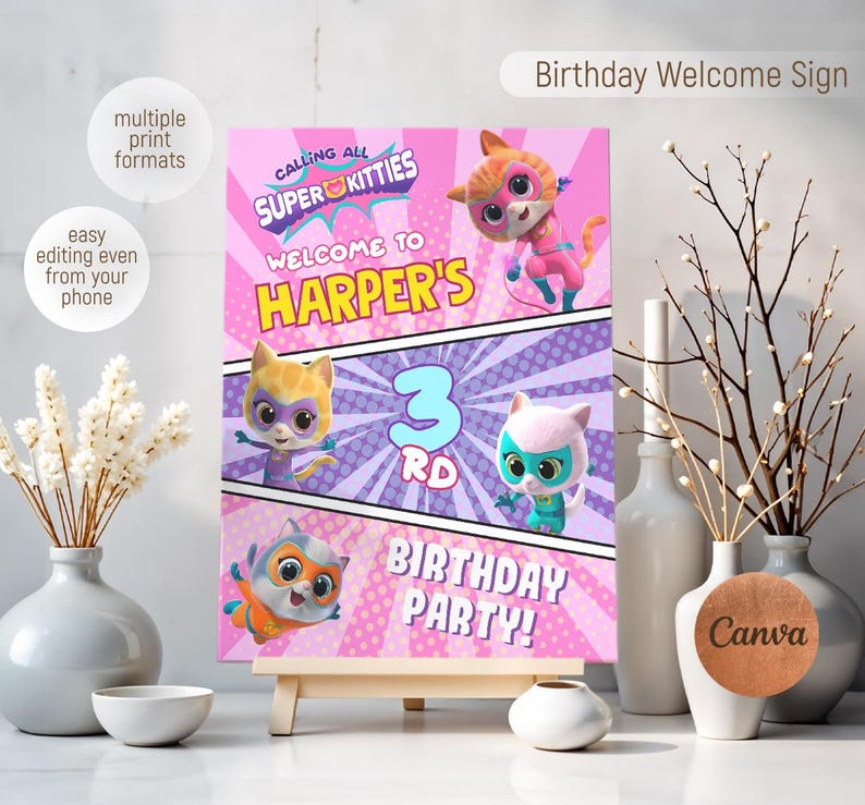 Superkitties Welcome Sign Template, Printable Birthday Party Super ...