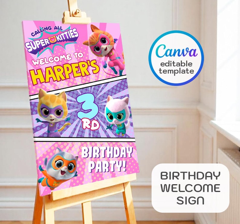 Superkitties Welcome Sign Template, Printable Birthday Party Super ...
