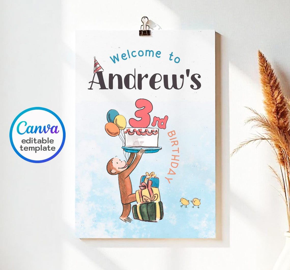 Curious George Welcome Sign Template, Printable Birthday Party Monkey ...