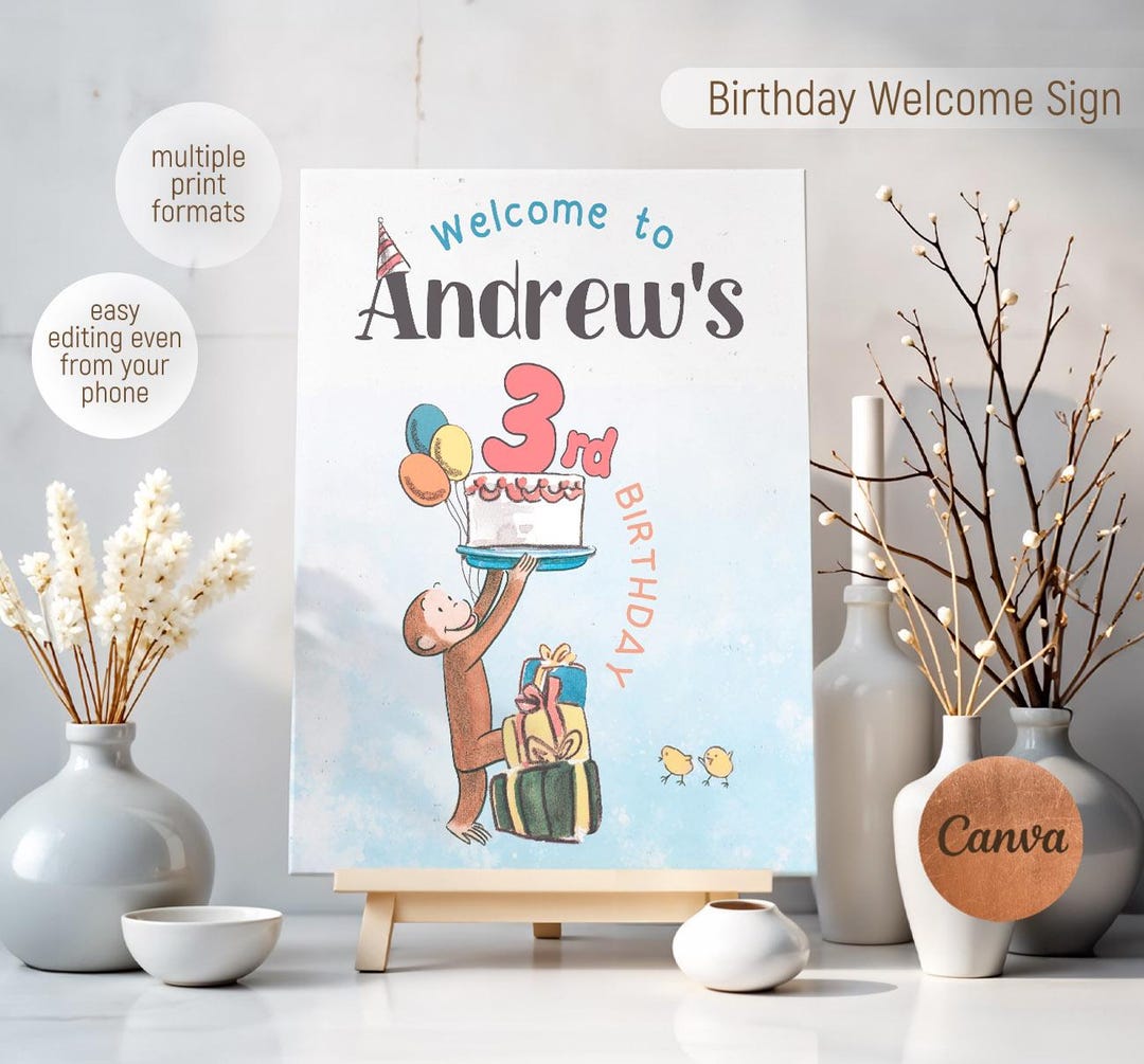 Curious George Welcome Sign Template, Printable Birthday Party Monkey ...