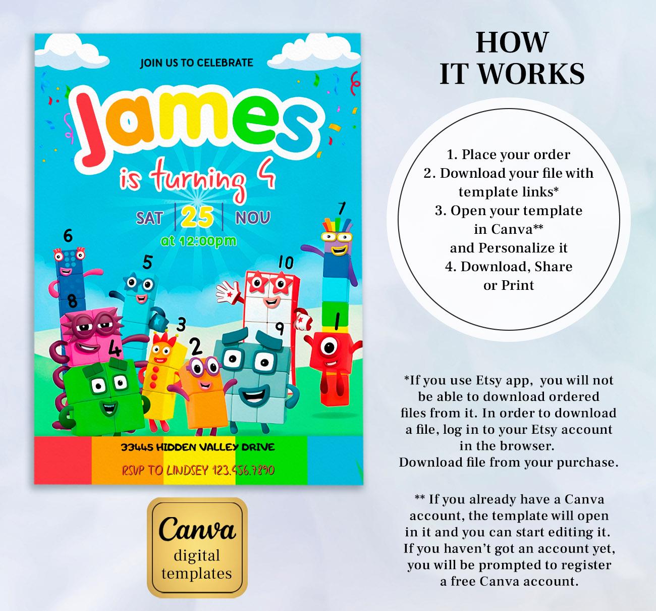 Numberblocks Birthday Invitation, Editable Printable Invitation ...