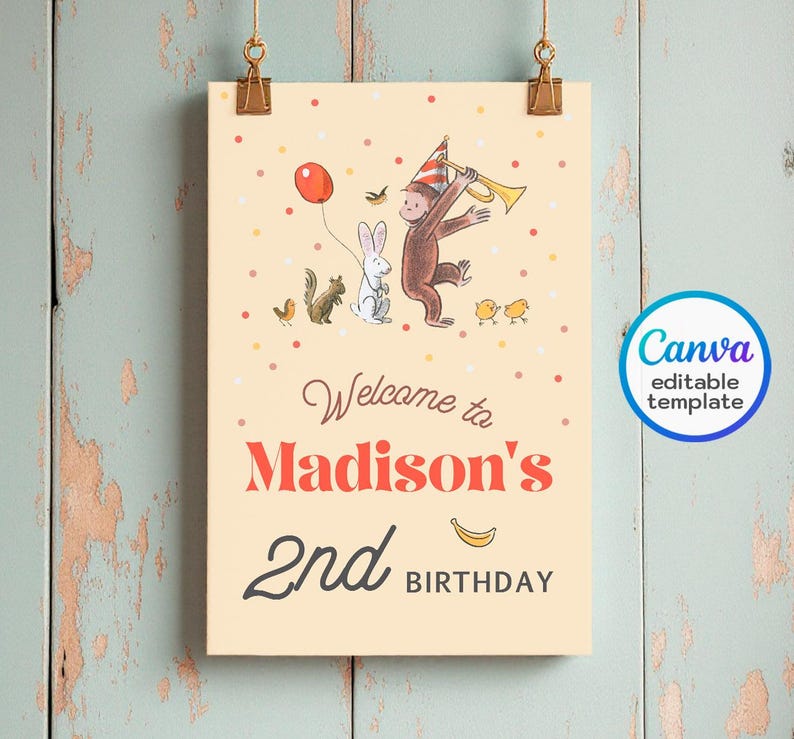 Curious George Welcome Sign Template, Printable Birthday Party Monkey ...