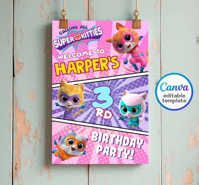 Superkitties Welcome Sign Template, Printable Birthday Party Super ...
