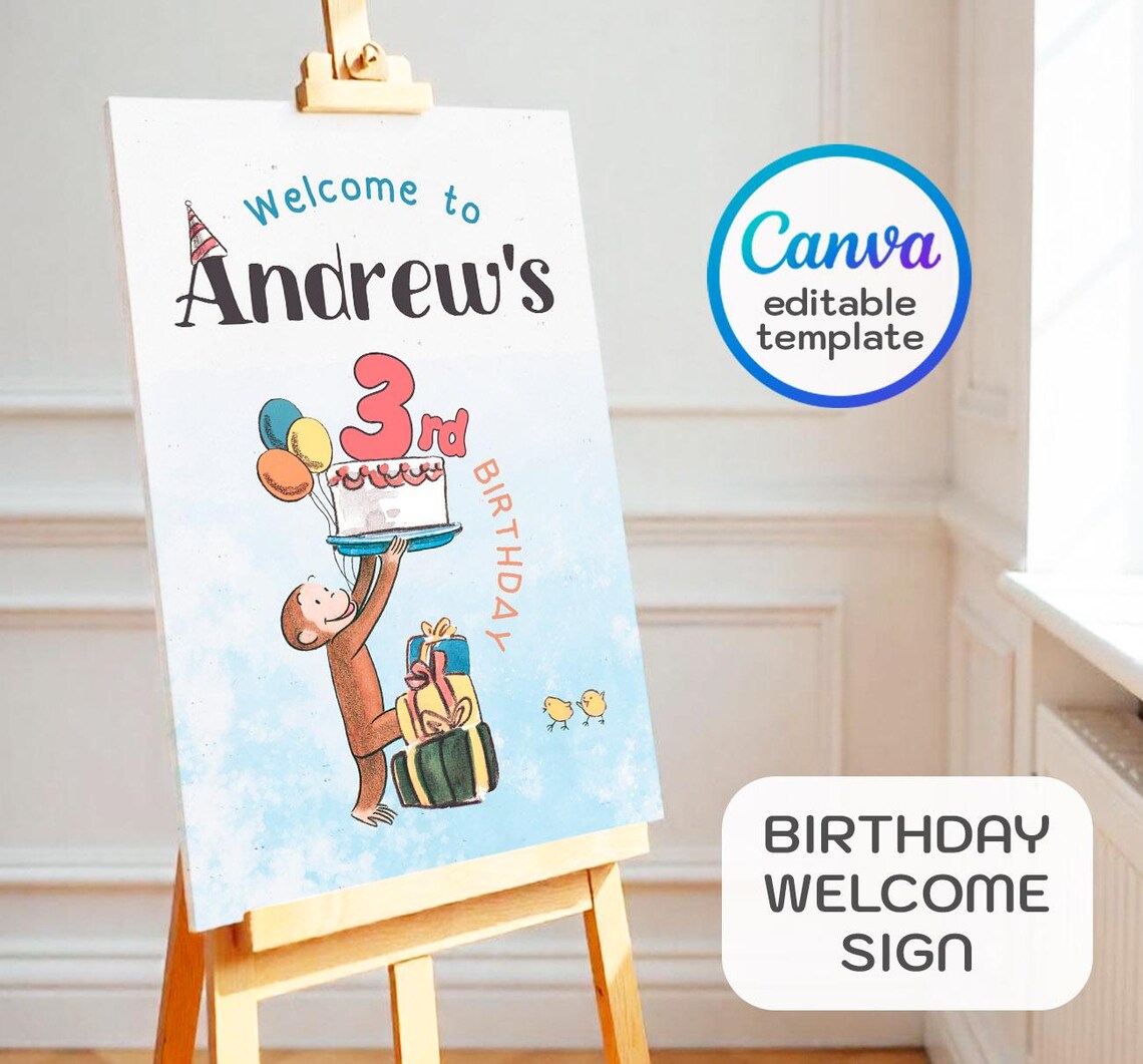 Curious George Welcome Sign Template, Printable Birthday Party Monkey ...