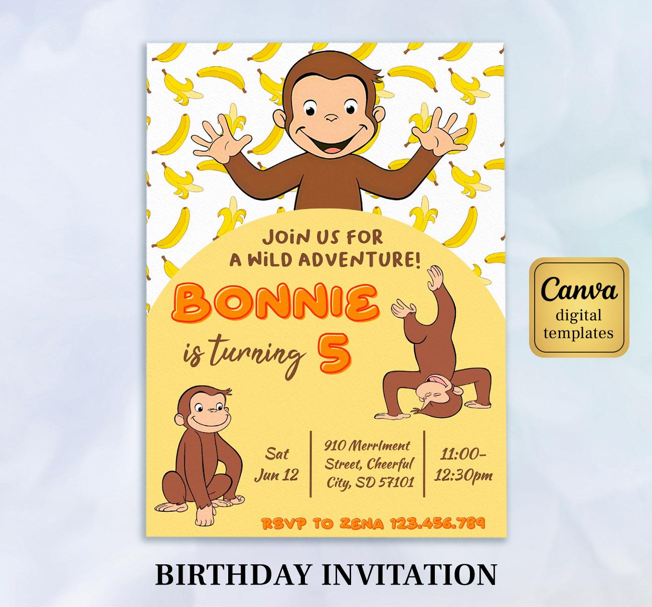 Curious George Birthday Invitation, Printable Monkey Invite, Ape Invite ...