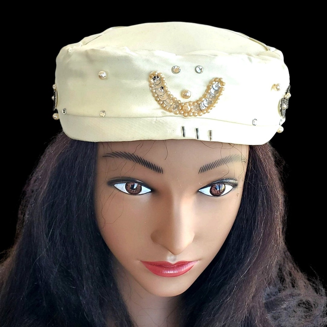 Pillbox Hat Ivory Satin Beaded Vintage 1940s Faux Pearl Sequined ...