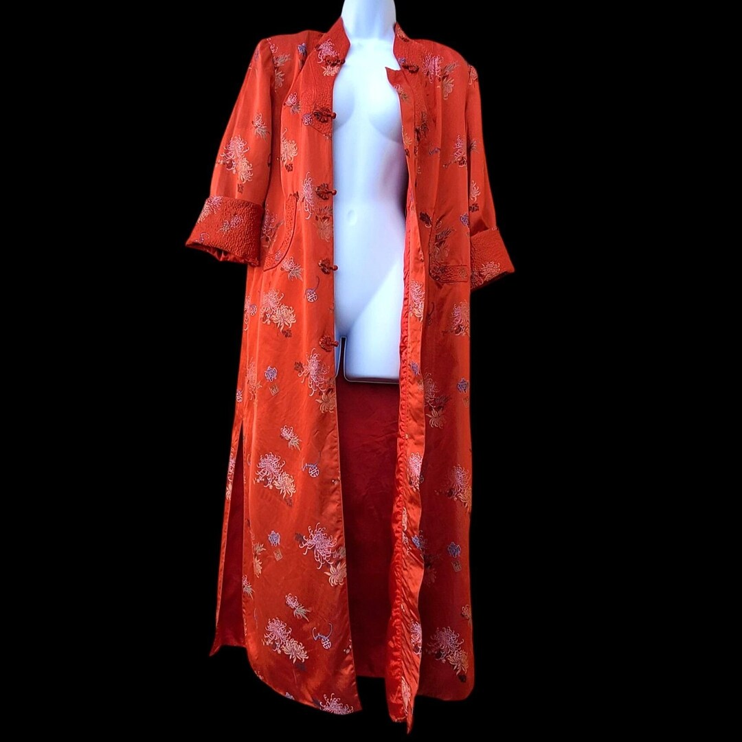 Vintage Long Chinese Robe Red Satin Brocade Womens Size M 36 Peony ...