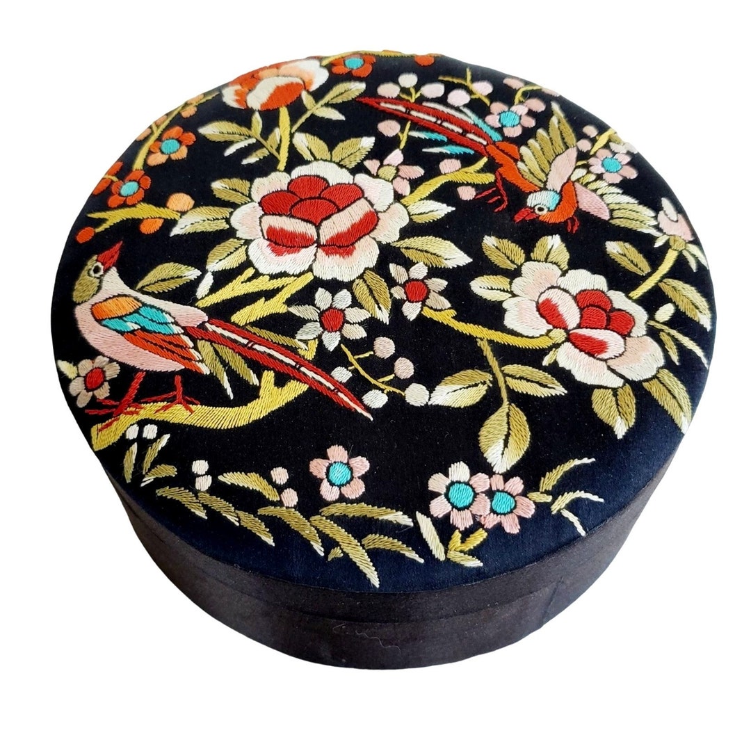 Vintage Chinese Silk Embroidered Jewelry Box Bird Round - Etsy