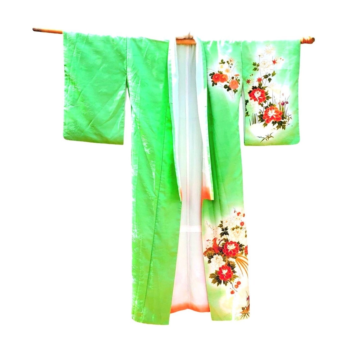 Japanese Kimono Green Silk Brocade Chrysanthemums Pheasant - Etsy
