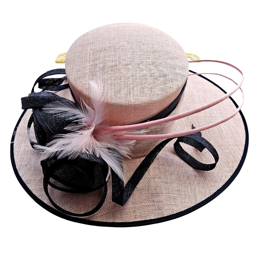 Y2K Cappelli Condici Pink Black Wide Brim Fascinator Hat Feathers L XL ...