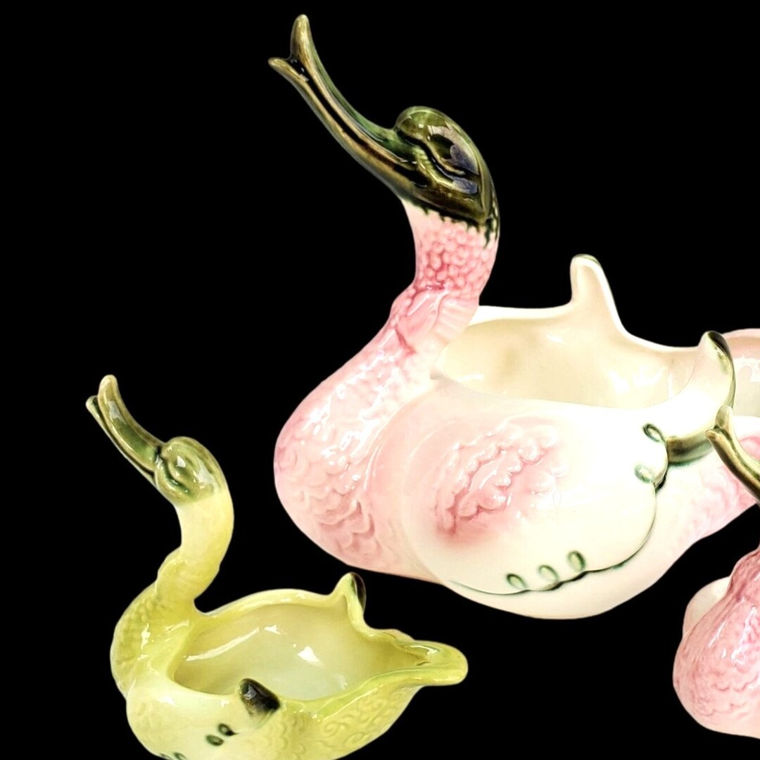 Hull Pottery Goose Bowl and Gosling Side Bowl Vases Pink Green Duck ...