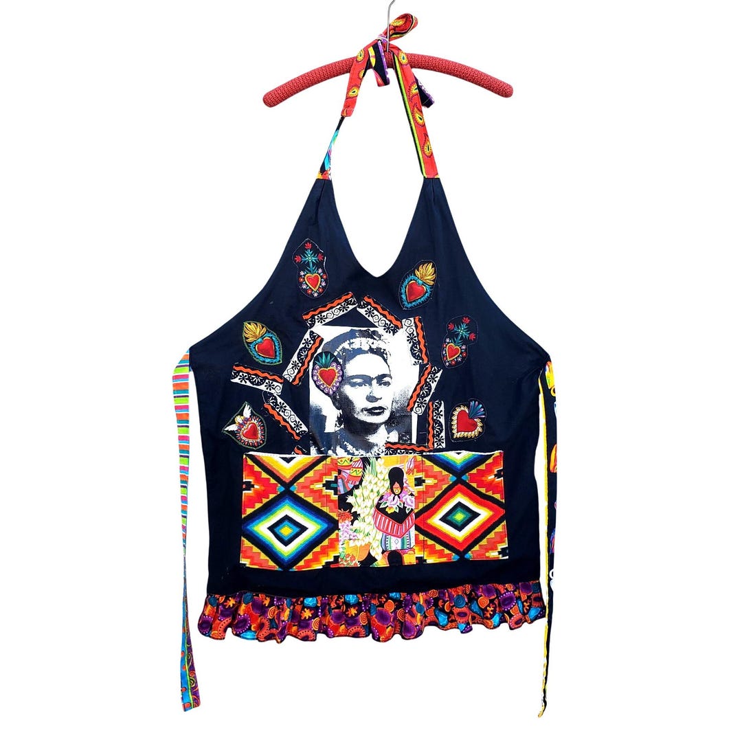 Frida Kahlo Bib Apron Colorful Handmade Black Cotton Plus Size XL ...