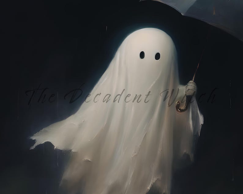 Cute Ghost Aesthetic Wall Art, Rainy Gothic Decor, Moody Umbrella Ghost ...