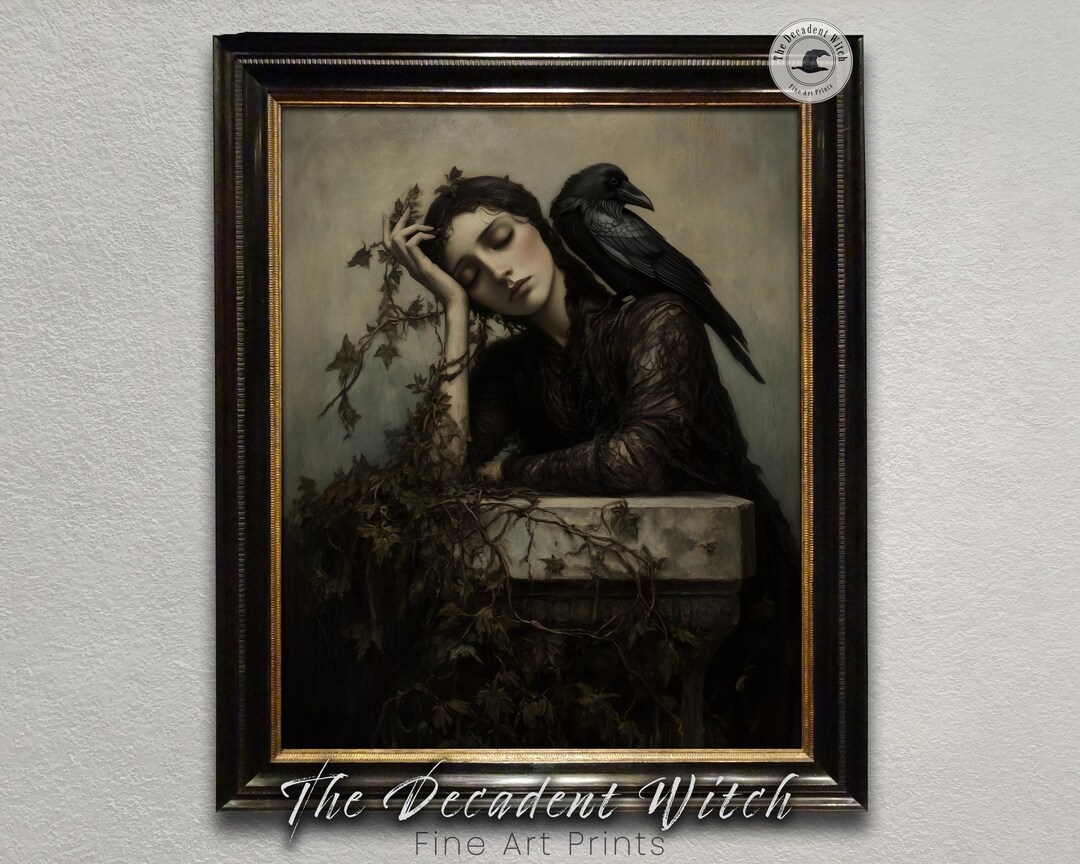 Dark Romantic Raven Art Print | Gothic Woman With Crow Painting ...