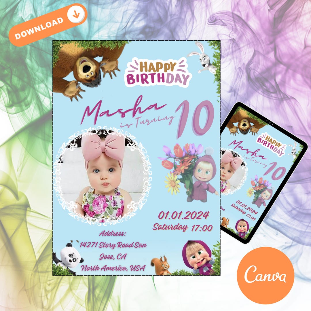 Masha and the Bear Birthday Invitation, Masha Cartoon Invitation for ...