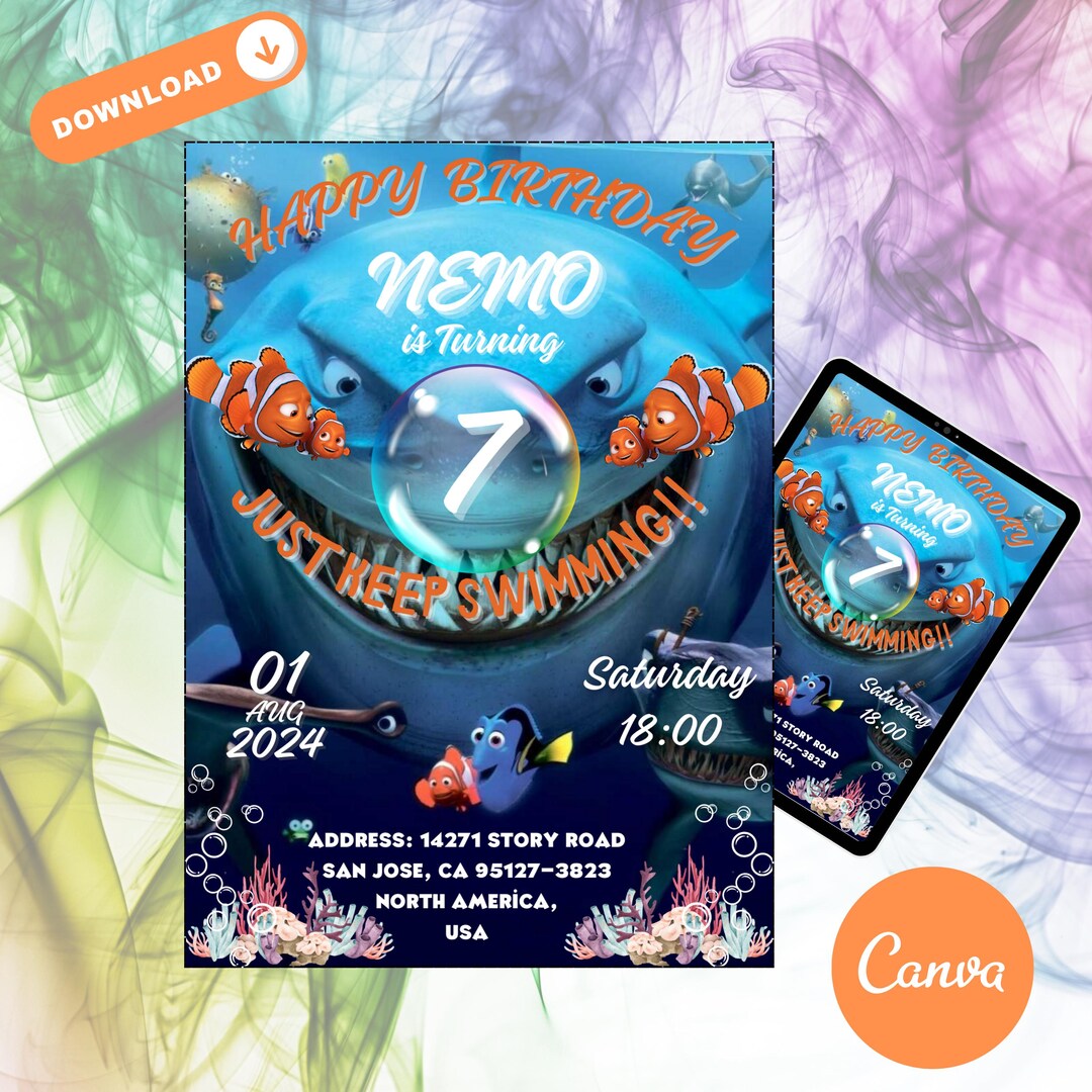 Finding Nemo Birthday Invitation, Animation Invitation for Kids, Kids ...
