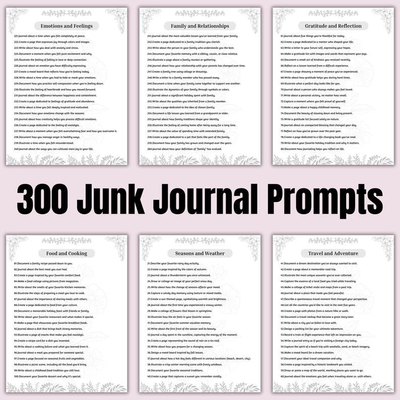 300 Junk Journal Prompts, Printable, Journal, Minimalist, Reflection ...