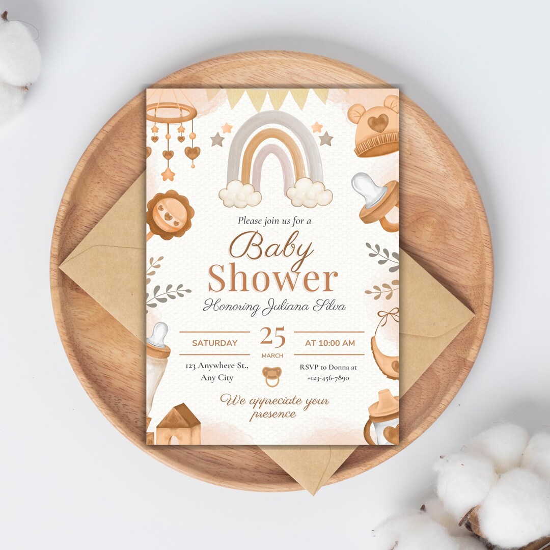 Brown Watercolor Baby Shower Invitation, Editable Digital Invite ...