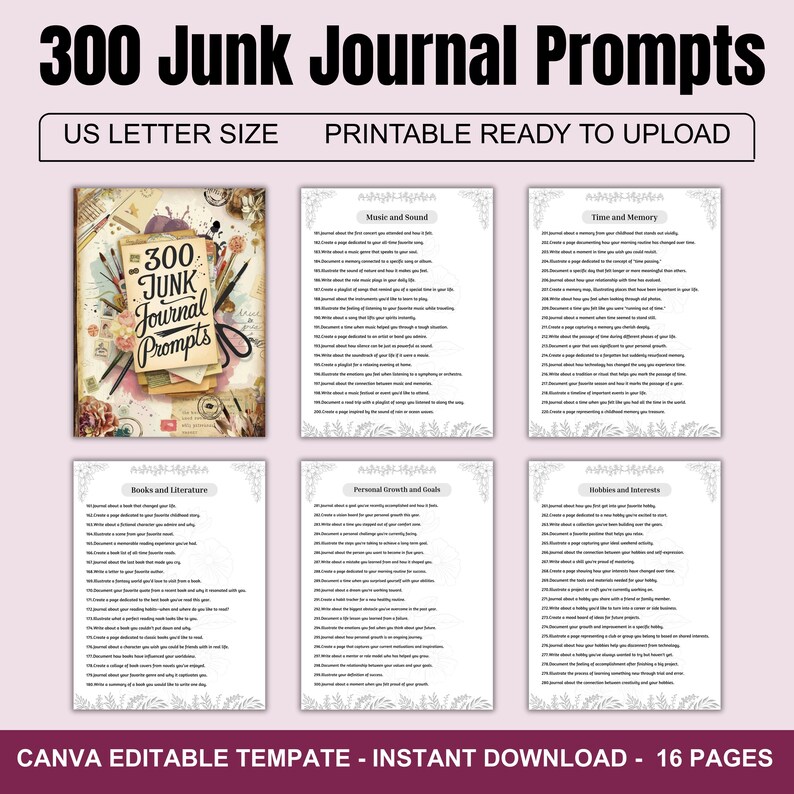 300 Junk Journal Prompts, Printable, Journal, Minimalist, Reflection ...
