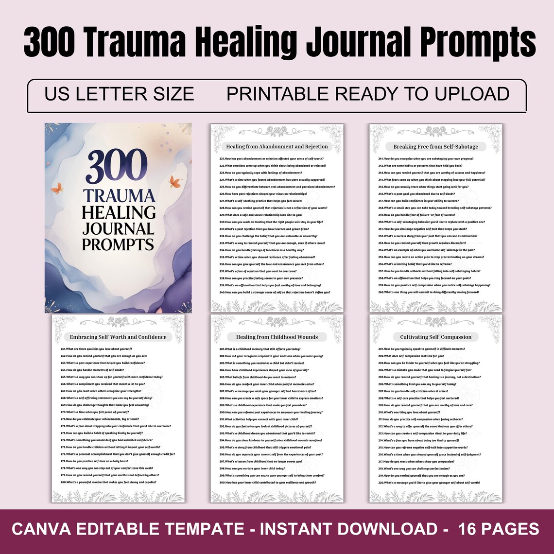 300 Trauma Healing Journal Prompts, Editable Canva Template (digital ...