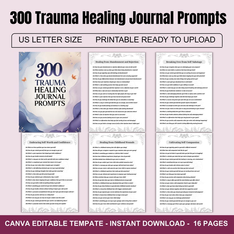 300 Trauma Healing Journal Prompts, Editable Canva Template (digital ...