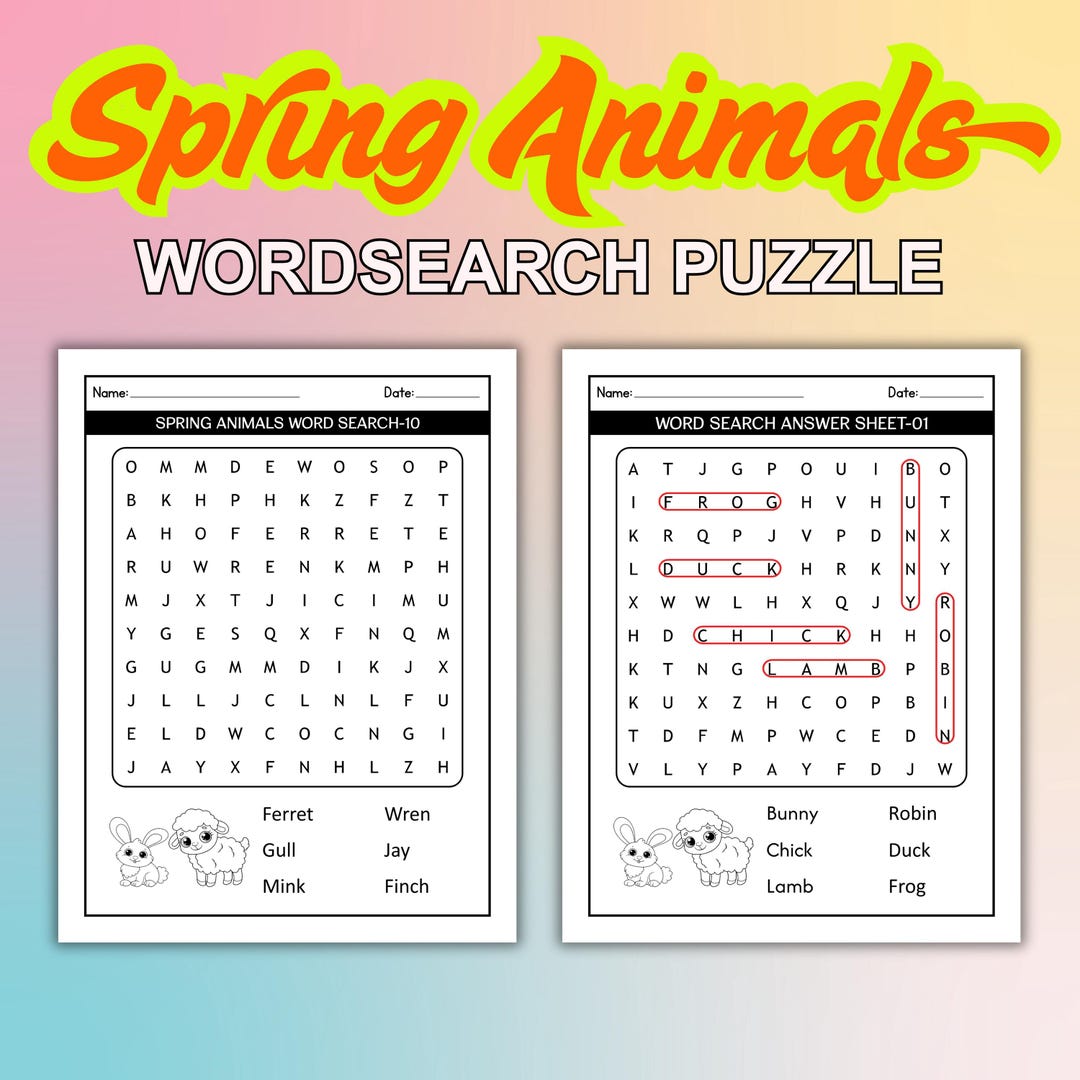 Spring Animals Word Search Puzzle Printable, Fun Educational Activity ...