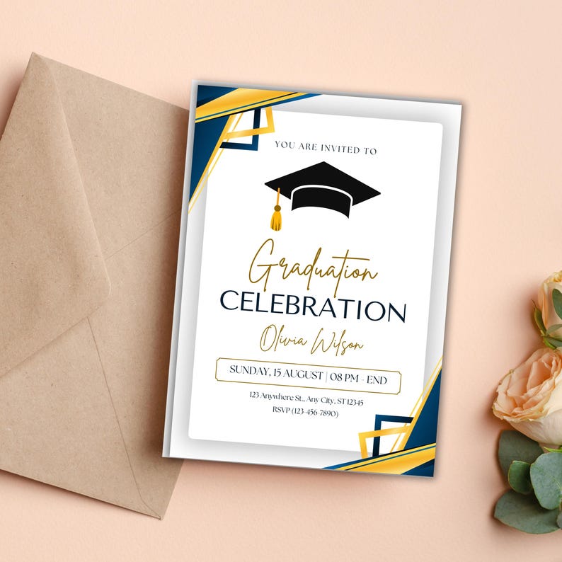 Blue and Yellow Graduation Invitation, Editable Simple Graduate Invite ...
