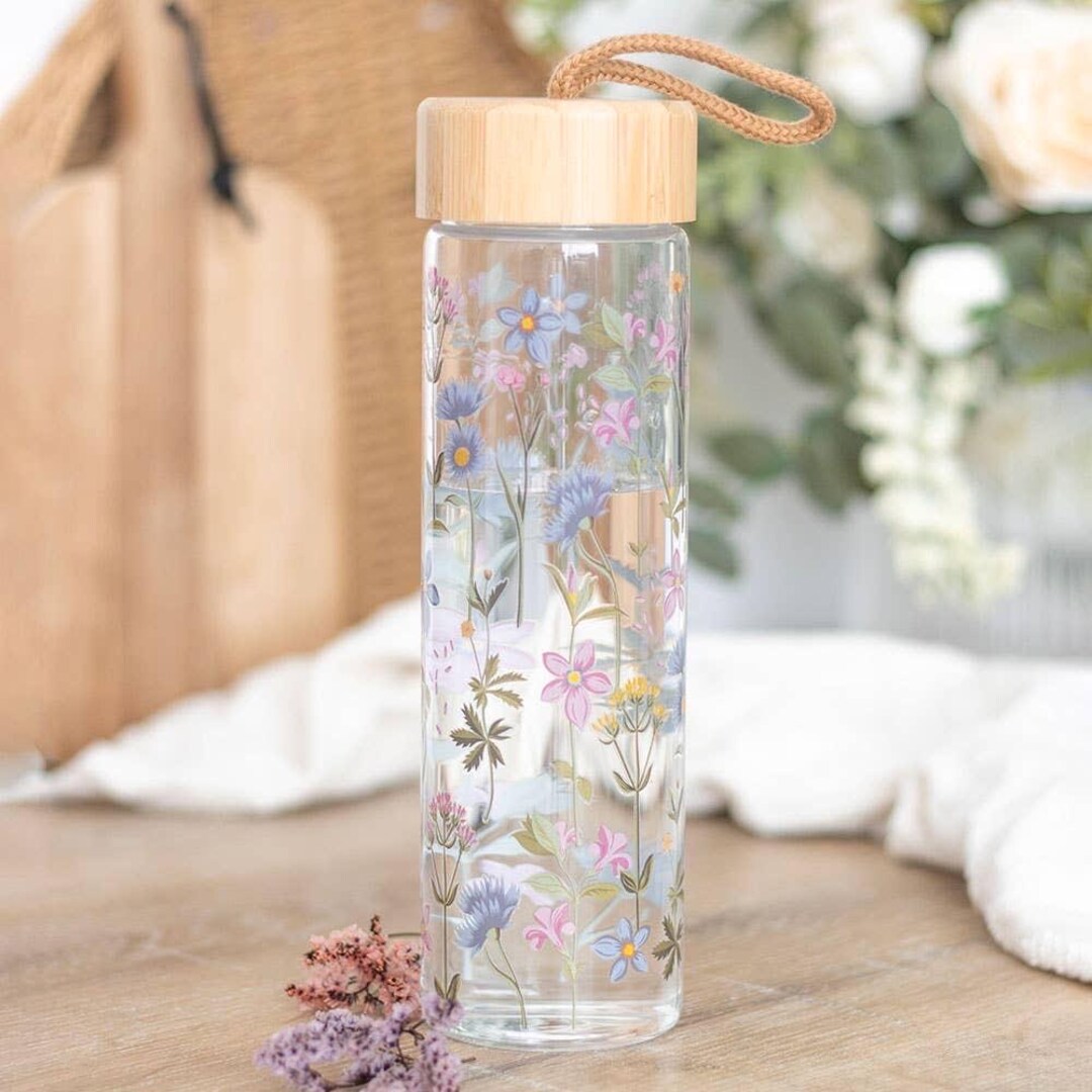 Elegant Floral Glass Water Bottle With Bamboo Lid – 500ml - Etsy
